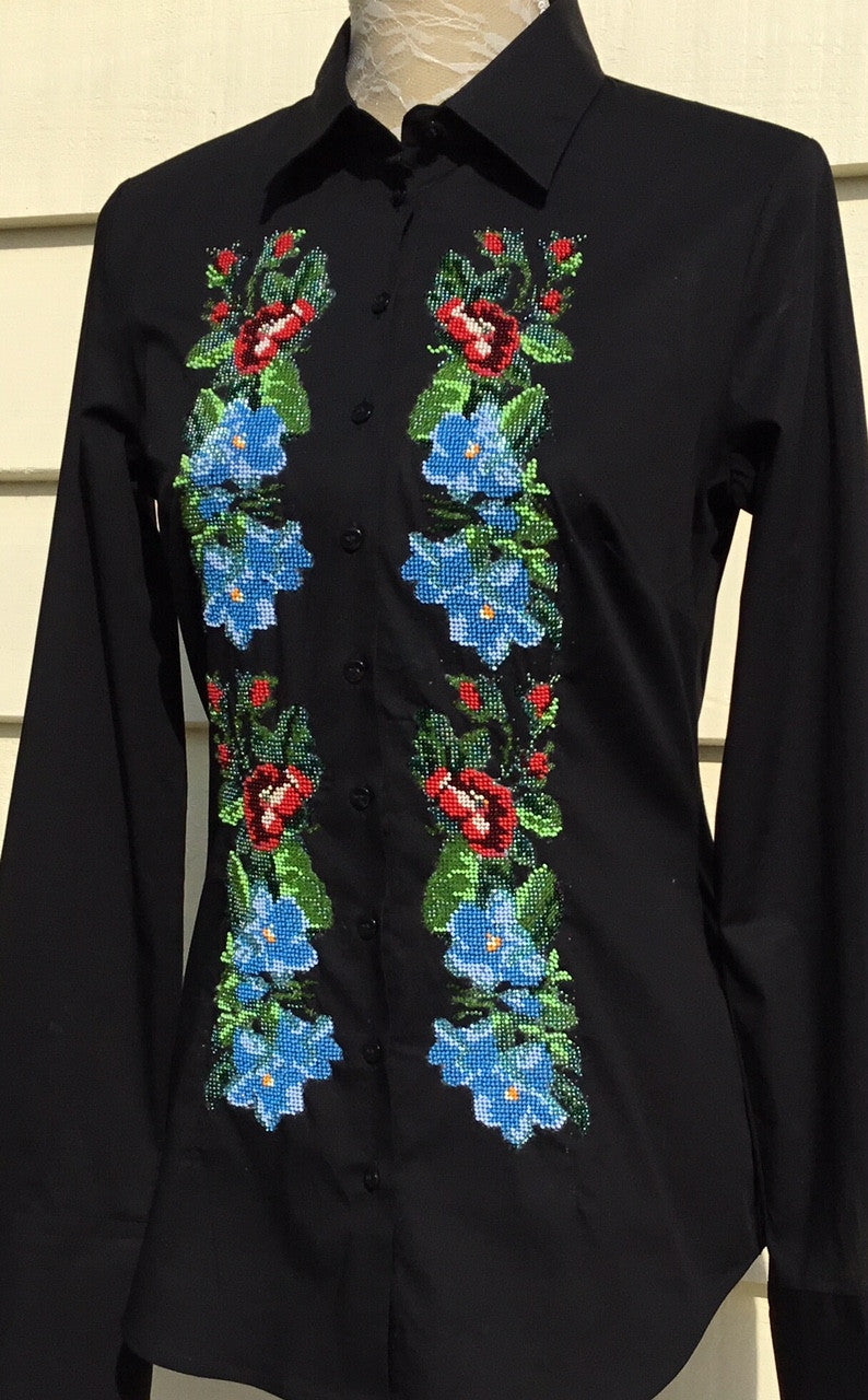 HAND EMBROIDERED BLACK SHIRT WITH BEADS - DOUBLE CUFF – miss cufflinks